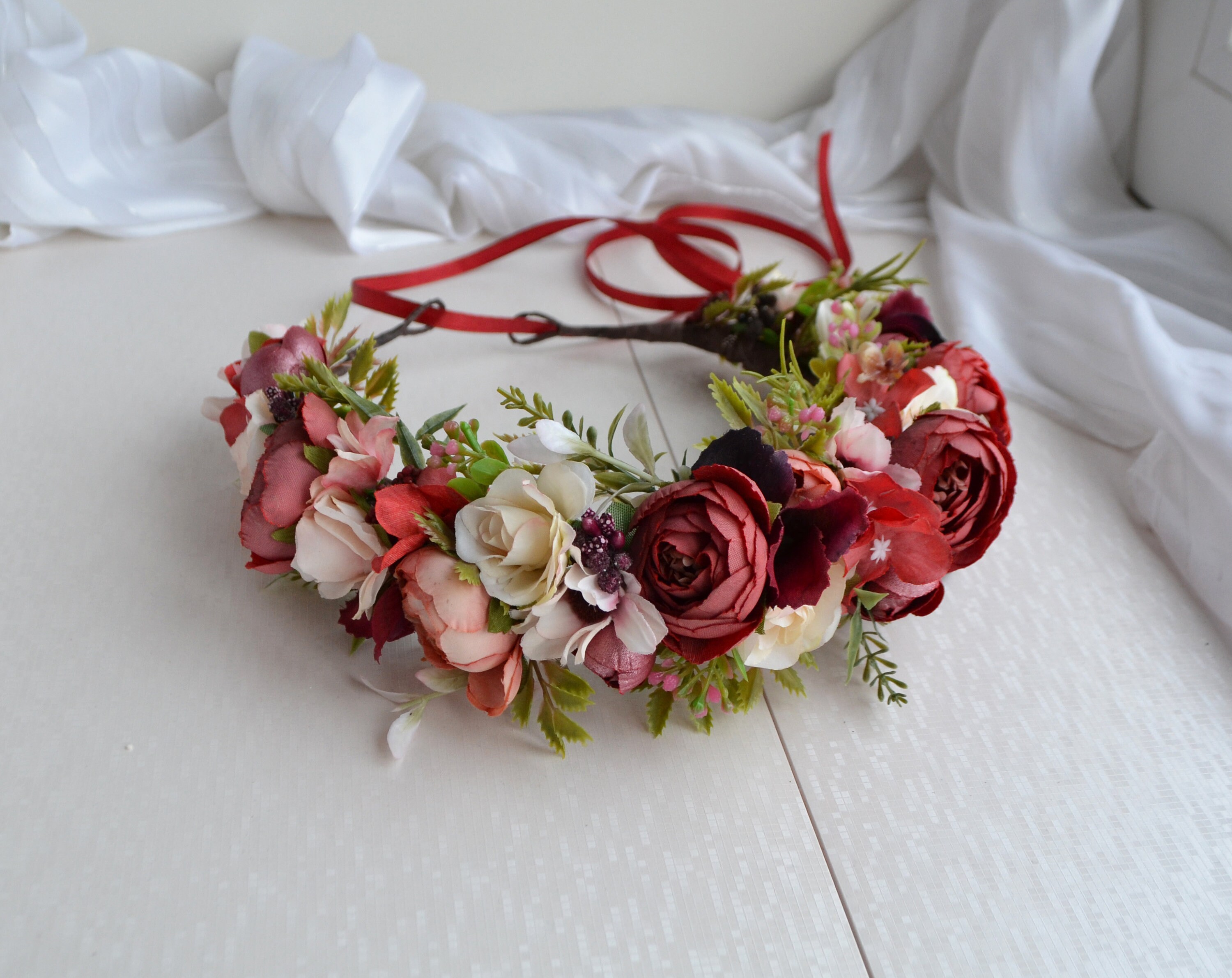 Maroon Flower Crown Wedding Floral Crown Boho Bridal Maroon - Etsy ...