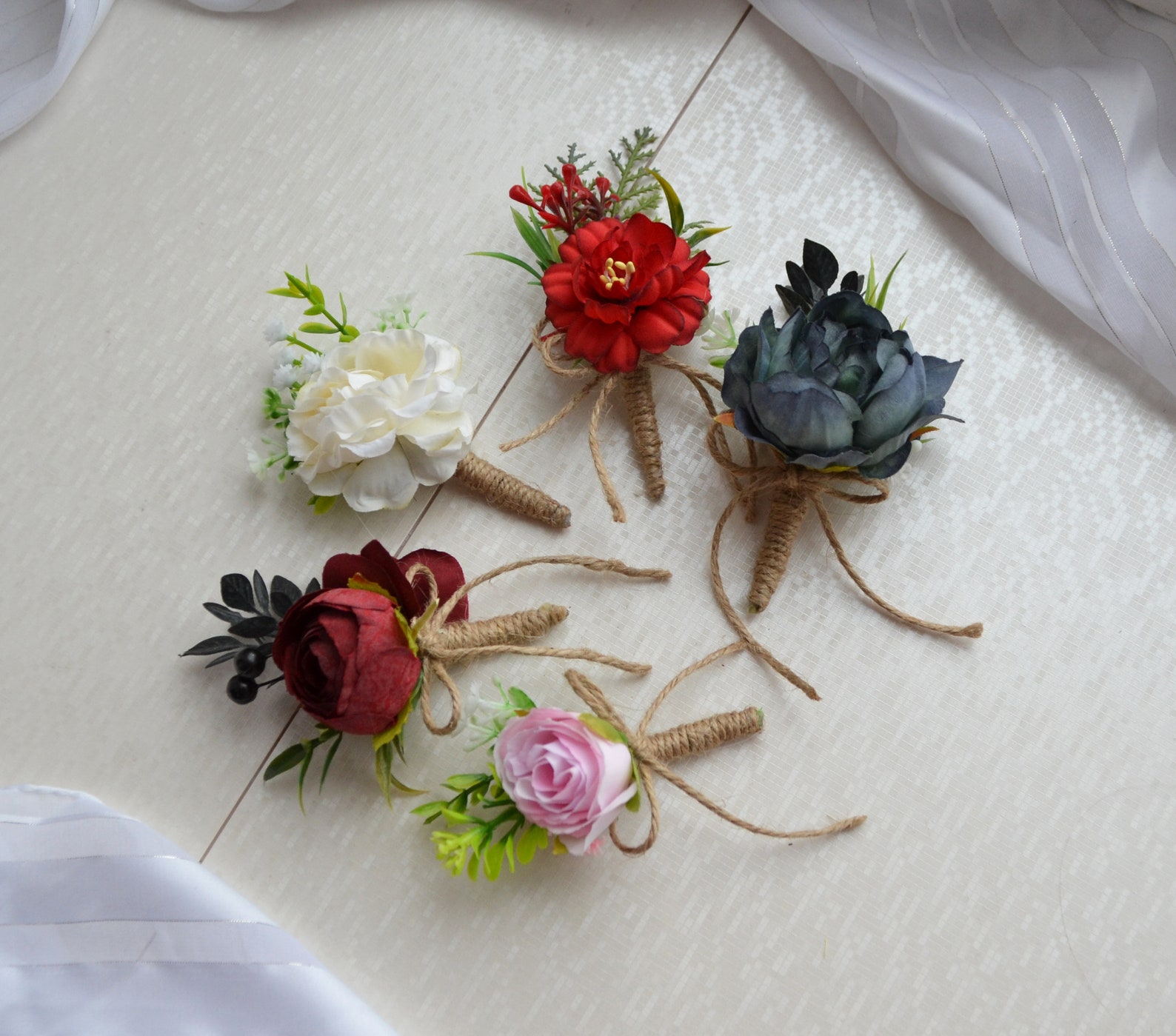 Dusty Blue Boutonniere White Blush Buttonhole Red Wedding | Etsy