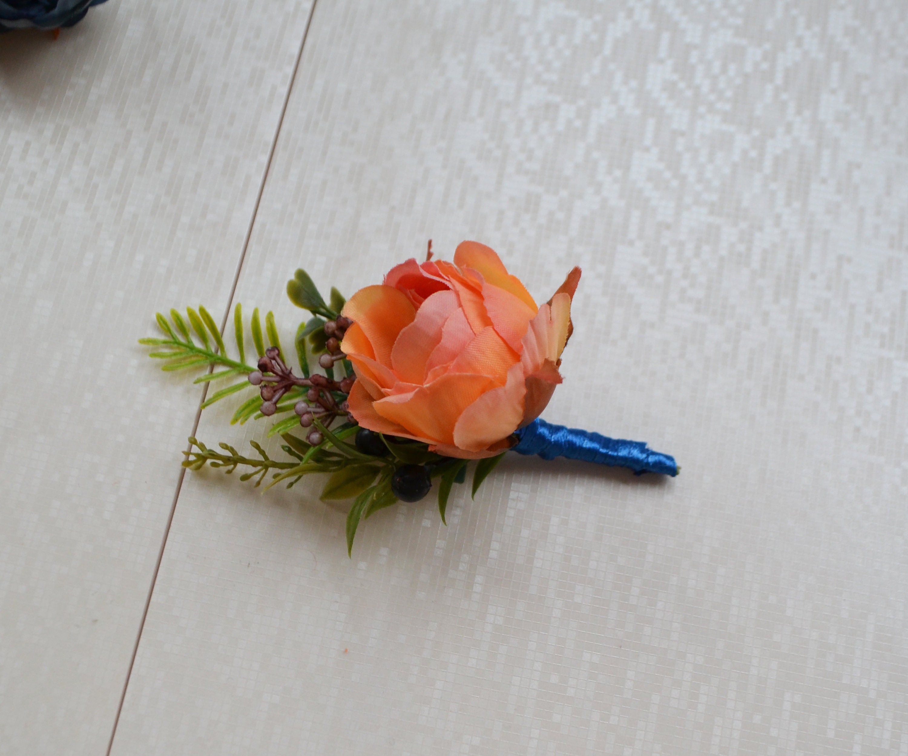 Orange Navy Blue Wrist Corsage Orange Boutonniere Wedding - Etsy