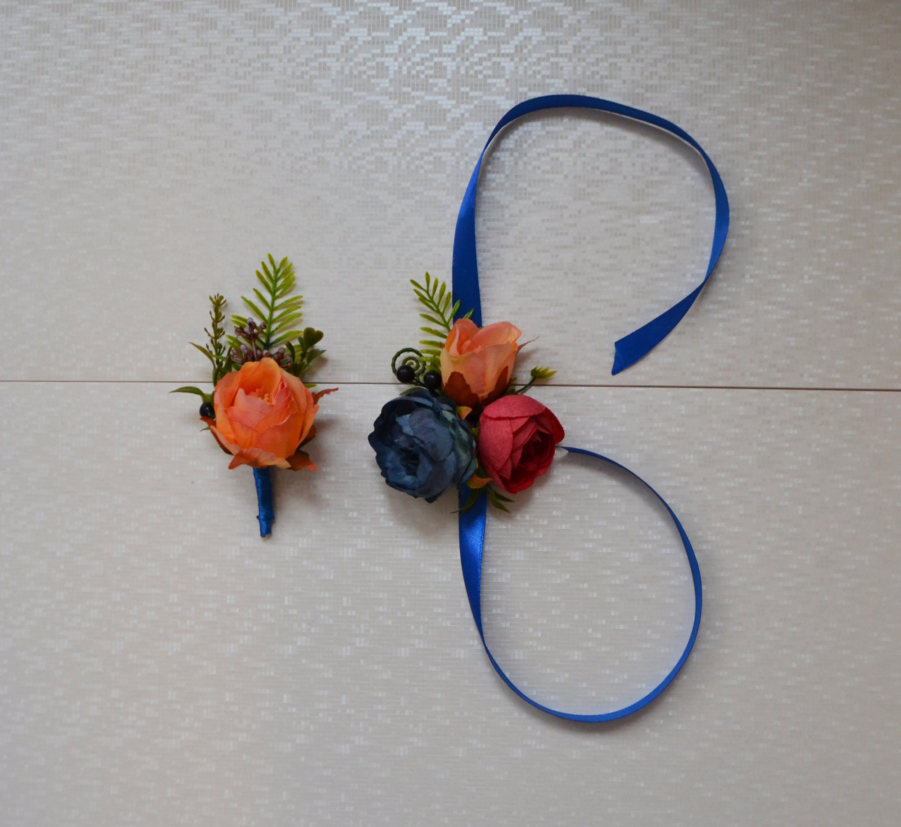 Orange Navy Blue Wrist Corsage Orange Boutonniere Wedding | Etsy