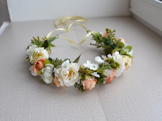 Beige White Flower Crown Pastel Flower Crown Bridesmad Floral | Etsy