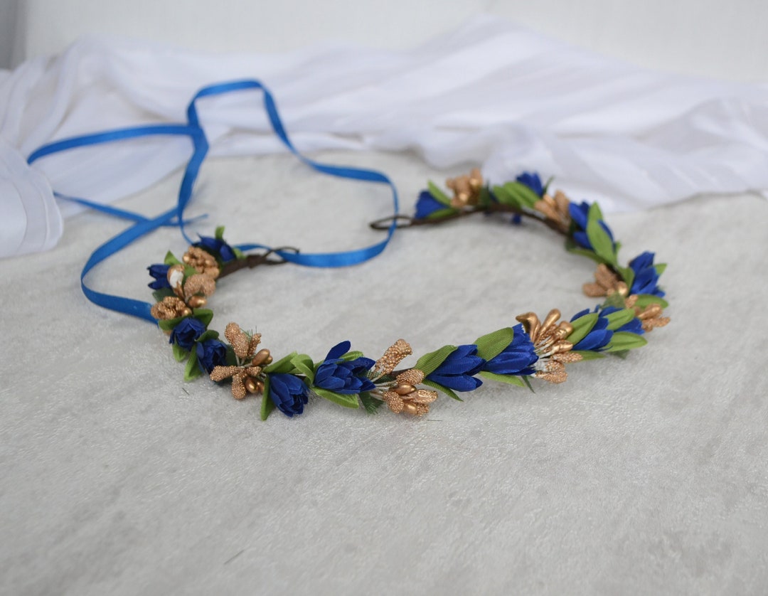 Navy Blue Gold Flower Crown Small Blue Flower Crown Navy Flower Girl ...