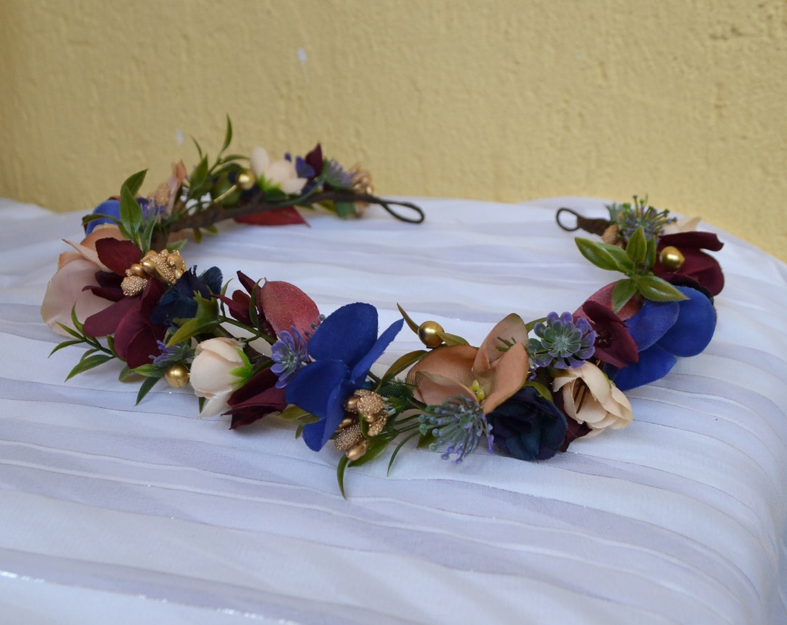 Burgundy Blue Flower Crown Small Boho Flower Crown Fall Flower Crown ...