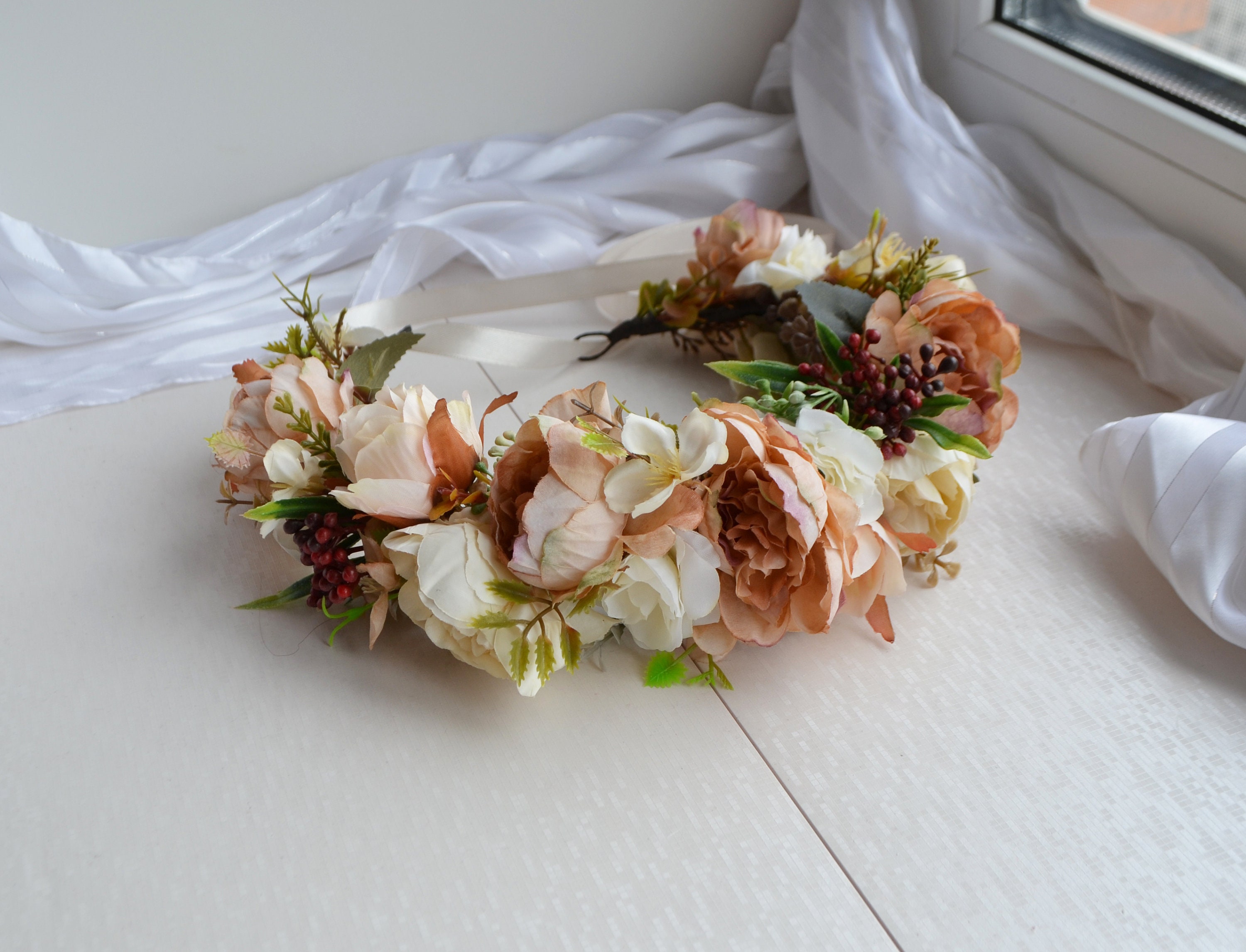 Large Peony Flower crown Beige White Floral crown boho | Etsy