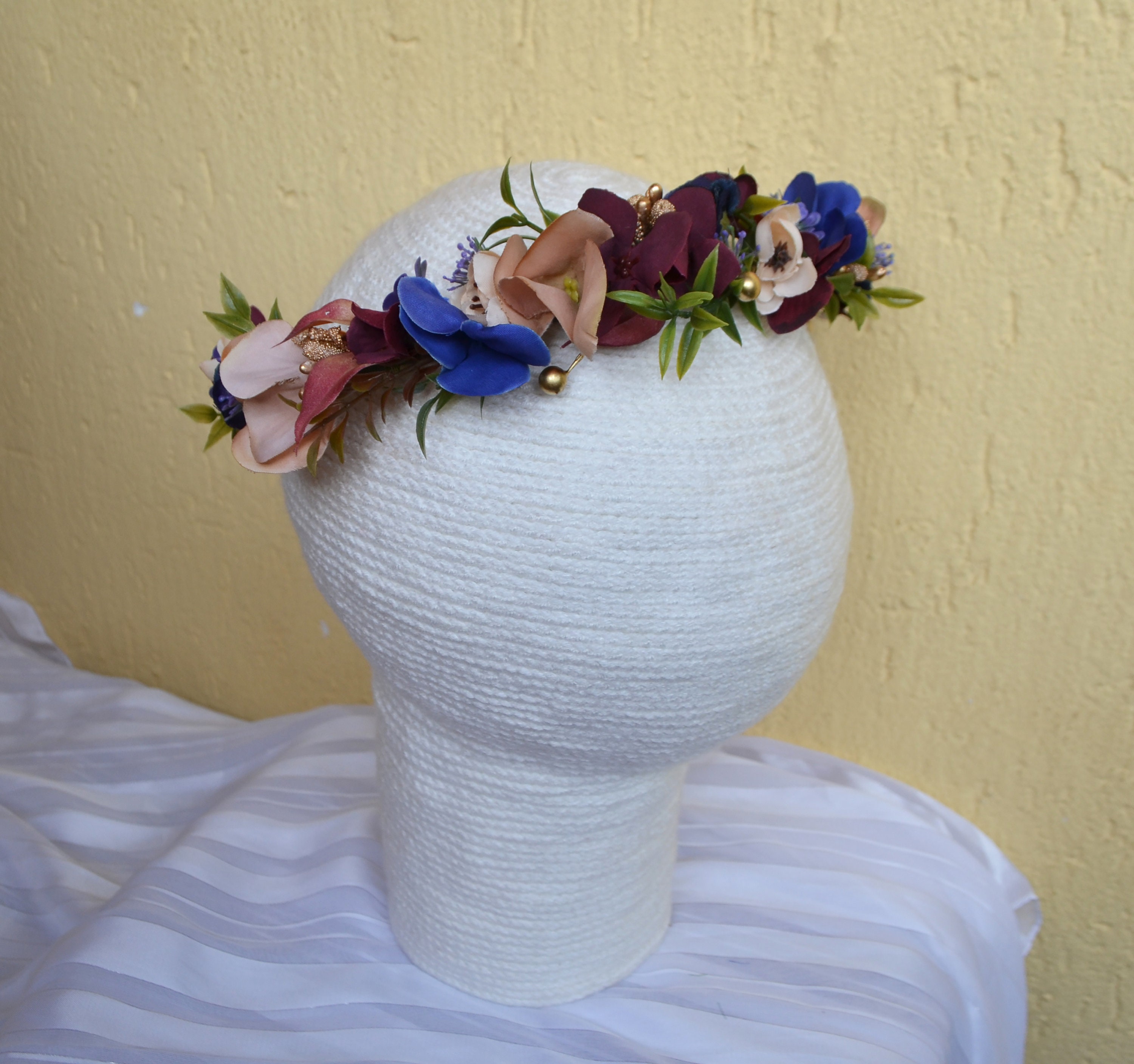 Burgundy Blue Flower Crown Small Boho Flower Crown Fall Flower Crown ...