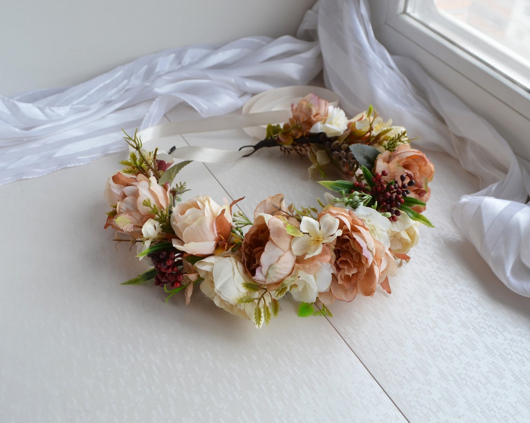 Large Peony Flower Crown Beige White Floral Crown Boho Headpiece Bridal ...