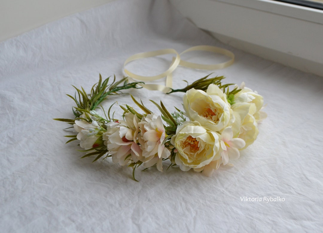READY to Ship Ivory Peony Flower Crown Beige Floral Crown Greenery ...