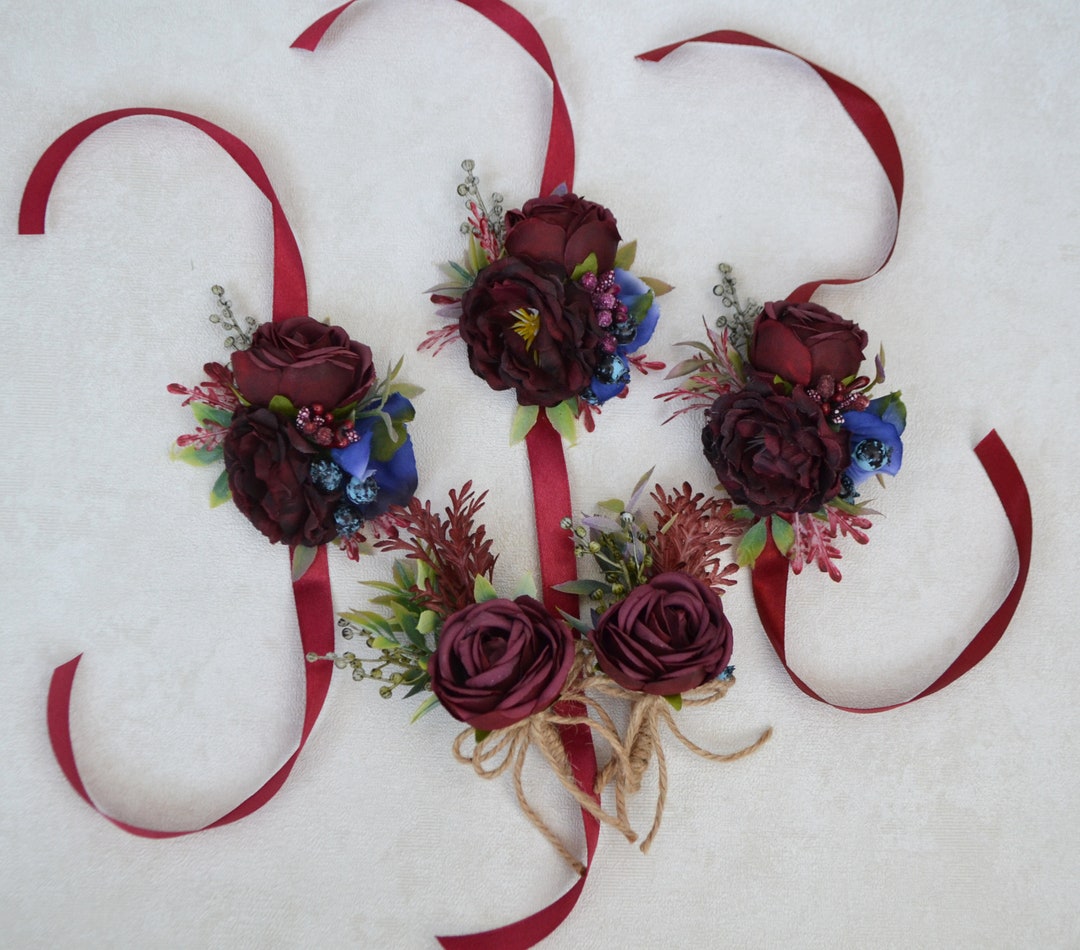 Burgundy Corsage Bridesmaids Wrist Corsage Burgundy Corsage Small Boho ...