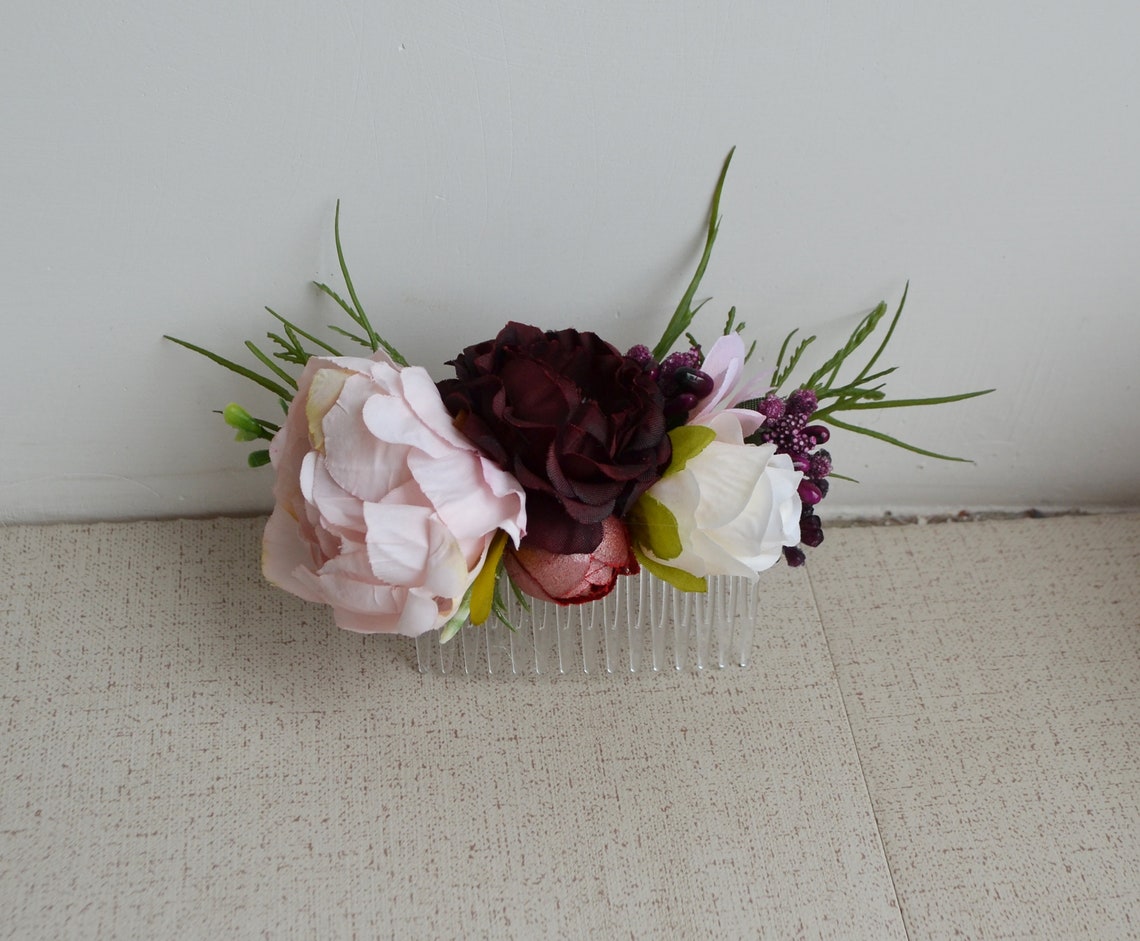 Burgundy Pink Flower Comb Pink Hair Comb Bridal Wedding Hair - Etsy