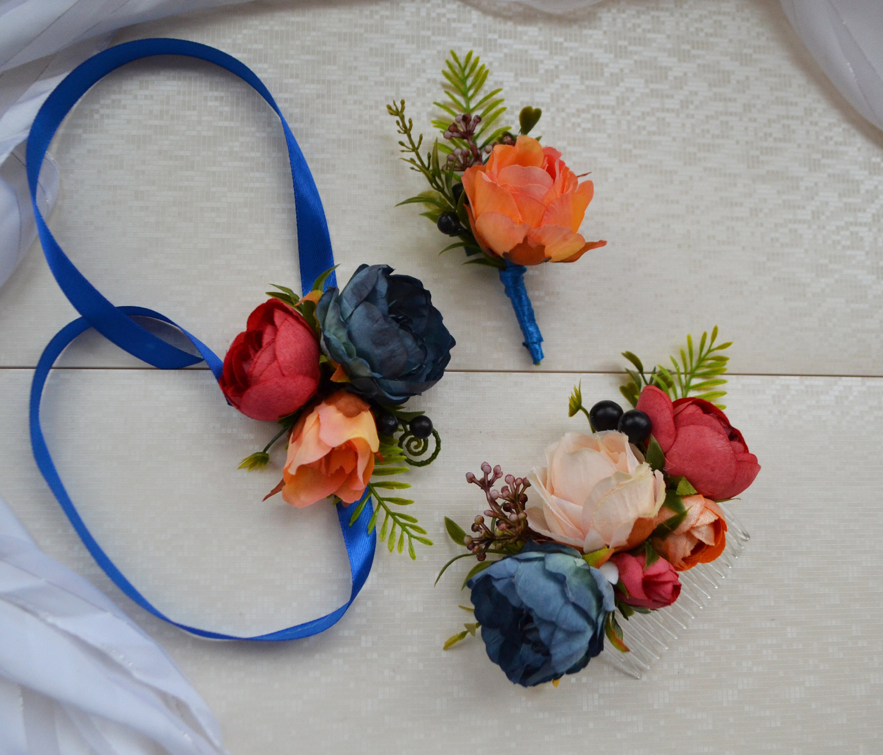 Orange Navy Blue Wrist Corsage Orange Boutonniere Wedding - Etsy