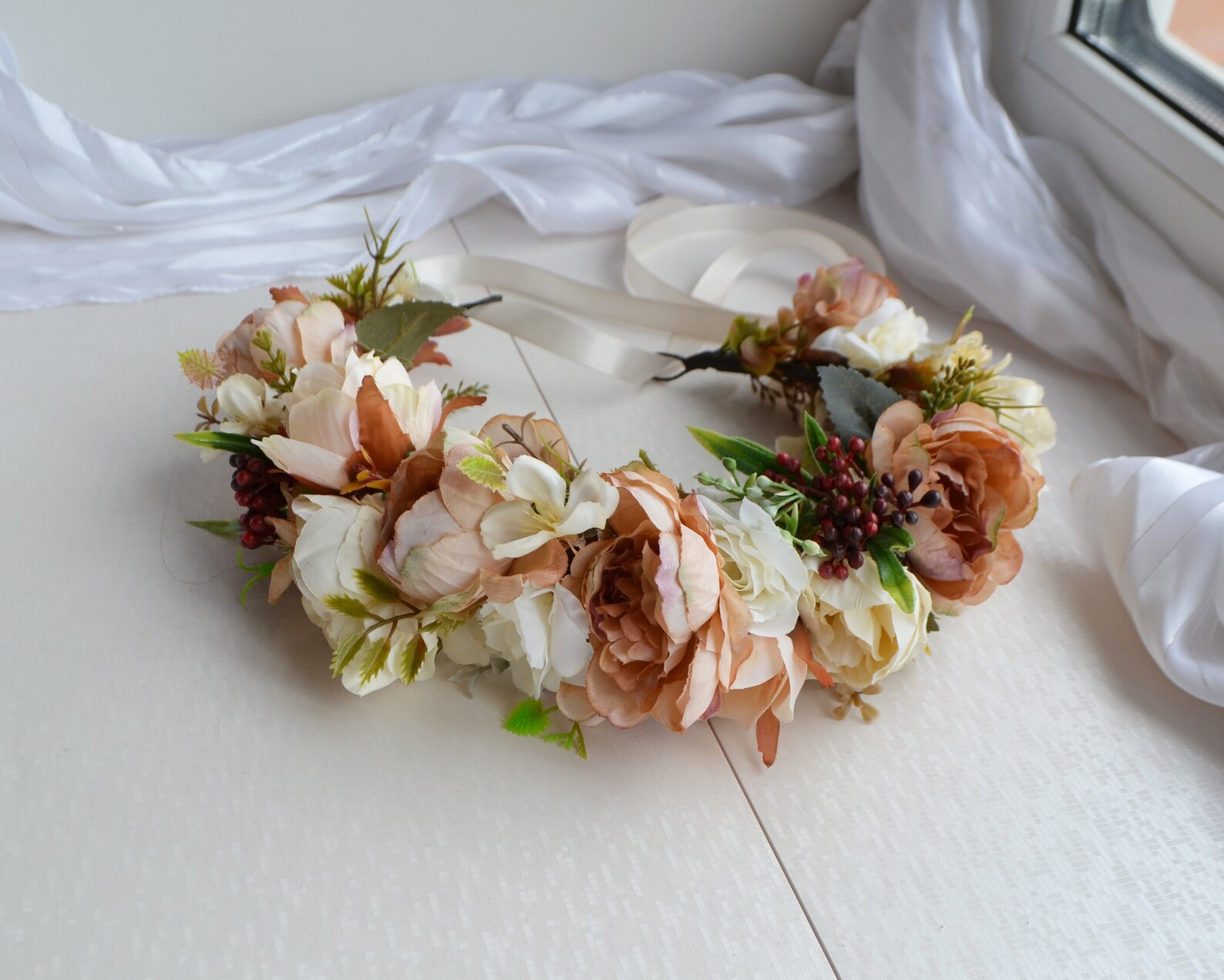 Large Peony Flower Crown Beige White Floral Crown Boho | Etsy