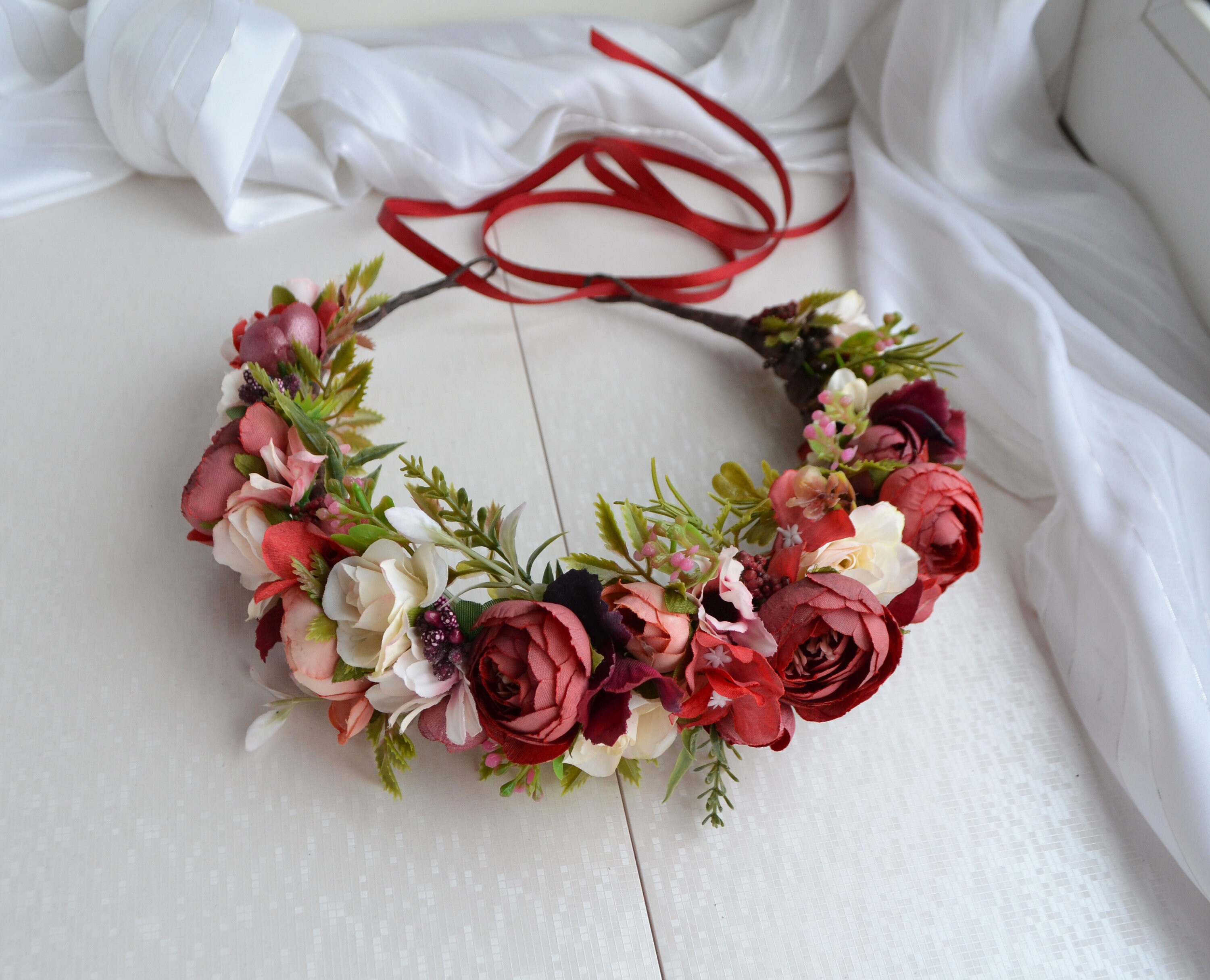 Maroon Flower Crown Wedding Floral Crown Boho Bridal Maroon - Etsy ...