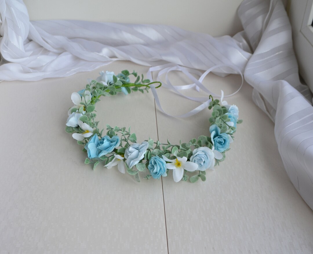 Light Blue White Eucalyptus Flower Crown Blue White Headpiece Wedding ...
