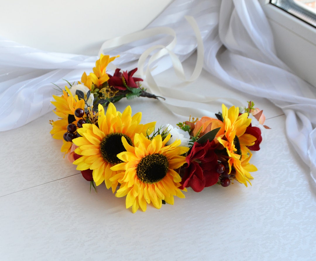 Sunflower Crown Yellow Red Large Headpiece Maternity Sunflower Crown ...