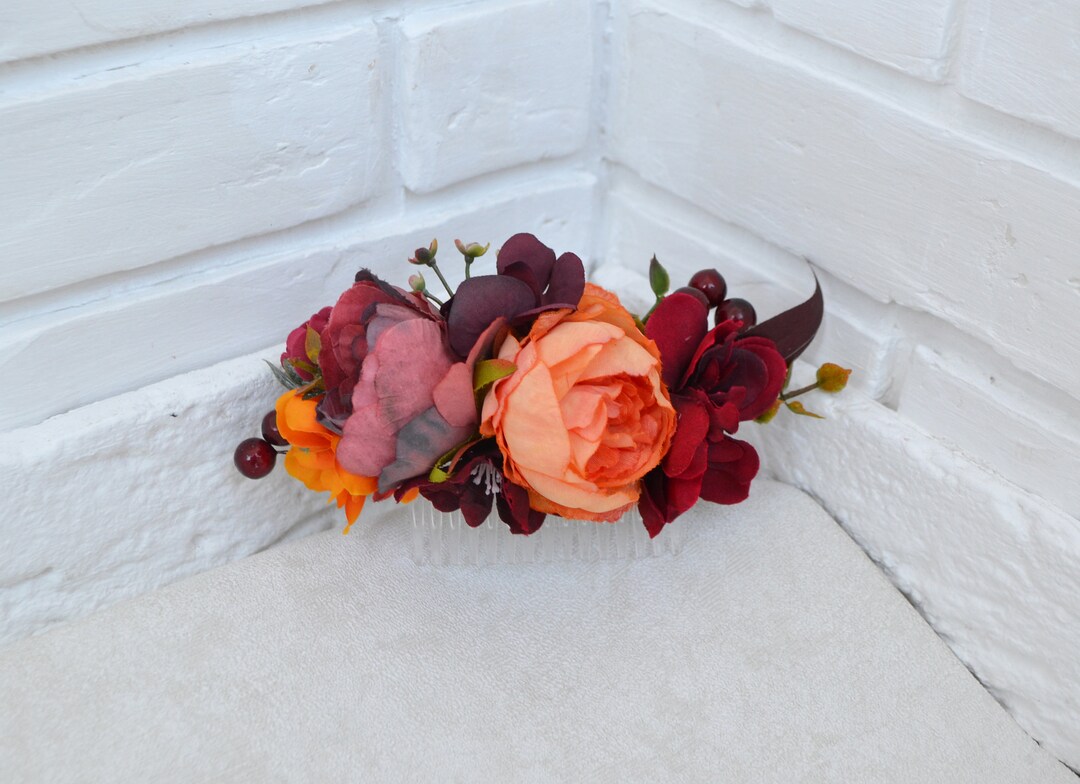 Burgundy Rust Flower Comb Orange Floral Comb Red Orange Bridal Flower ...