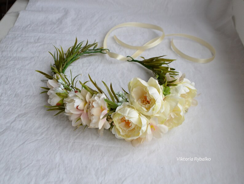 READY to Ship Ivory Peony Flower Crown Beige Floral Crown Greenery ...