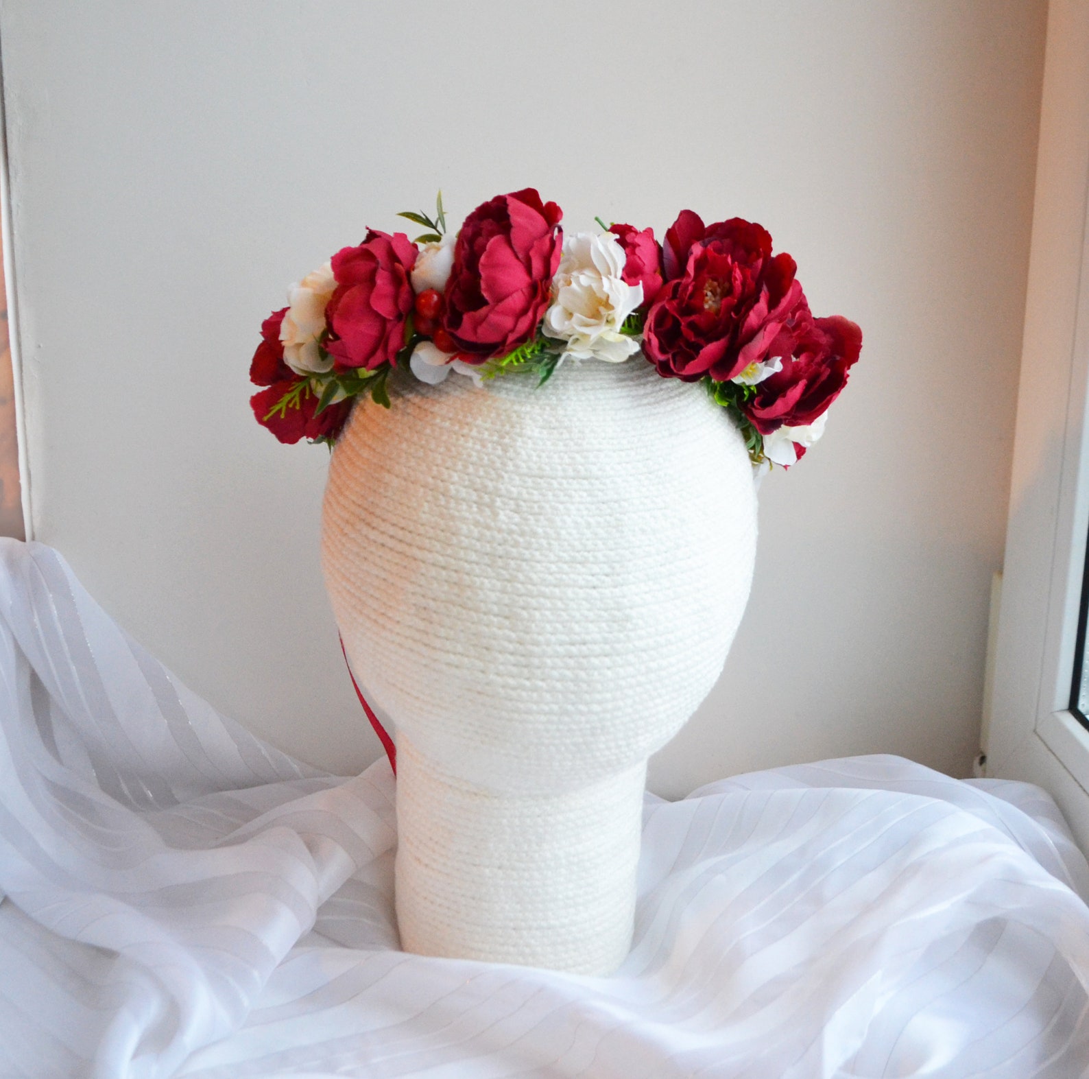 Red White Flower Crown Child Floral Headband Kids Peony Hairpiece ...