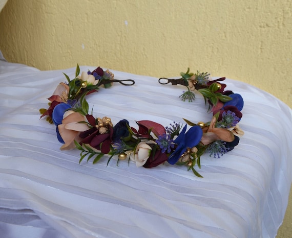 Burgundy Blue Flower Crown Small Boho Flower Crown Fall Flower | Etsy