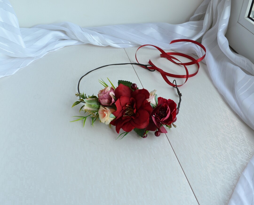 Small Red Beige Flower Crown Bridesmaid Floral Crown Wedding - Etsy