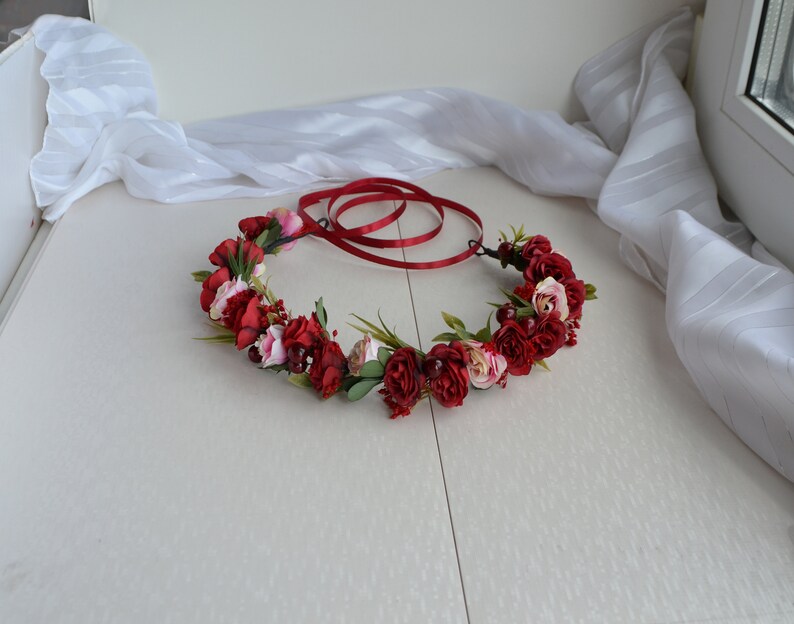 Red Pink Flower Crown Red Green Floral Crown Small Headpiece - Etsy ...