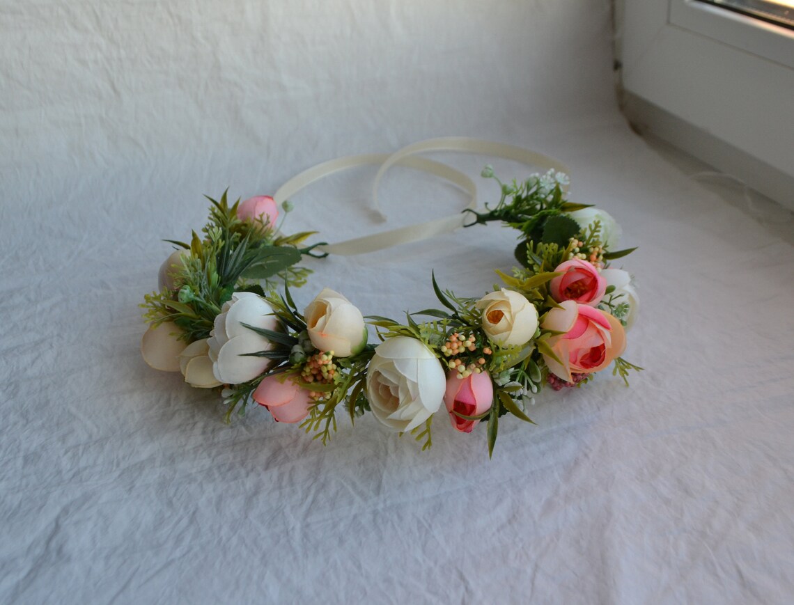 Fall Flower Crown Beige Floral crown Ivory Green floral | Etsy