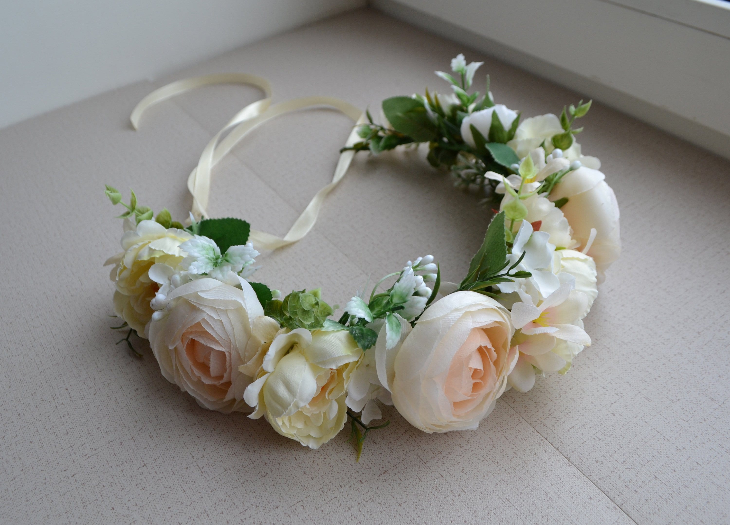 Ivory Peony Flower Crown Beige Boho Floral Crown Bridesmade - Etsy