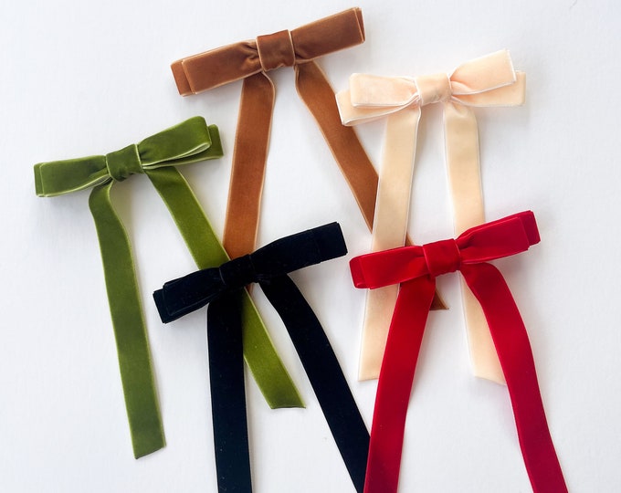 Thin Long Velvet Ribbon Hair Bows / Adult Ribbon Bow Clips - Etsy