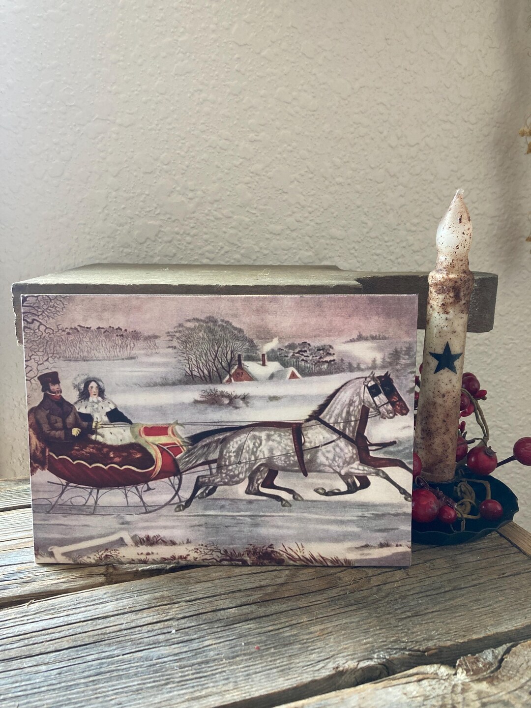 Primitive Winter Sleigh Scene Print on Canvas / Americana Decor ...