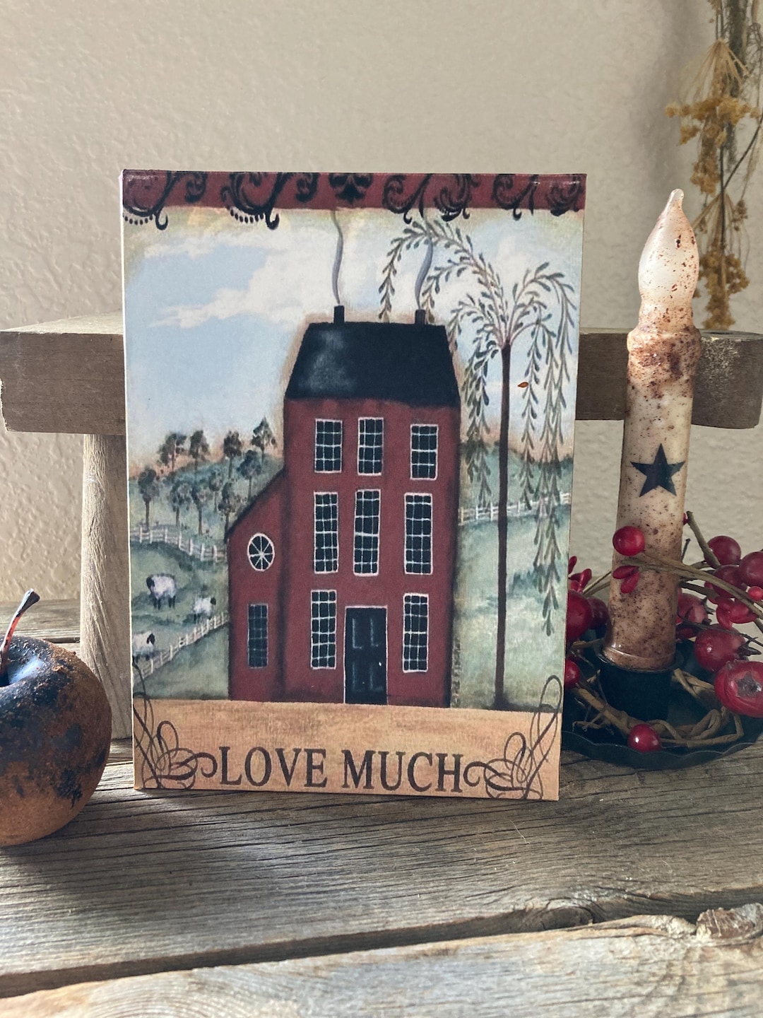 Primitive Saltbox Home With Sheep Print on Canvas / Primitives ...