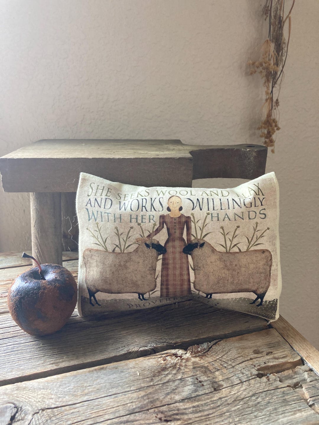 Primitive She Works With Her Hands Mini Pillow With Sheep/ Mini Prim ...