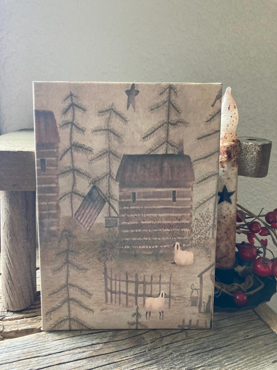Primitive Log Cabin Home With Sheep and Flag Print on Canvas ...