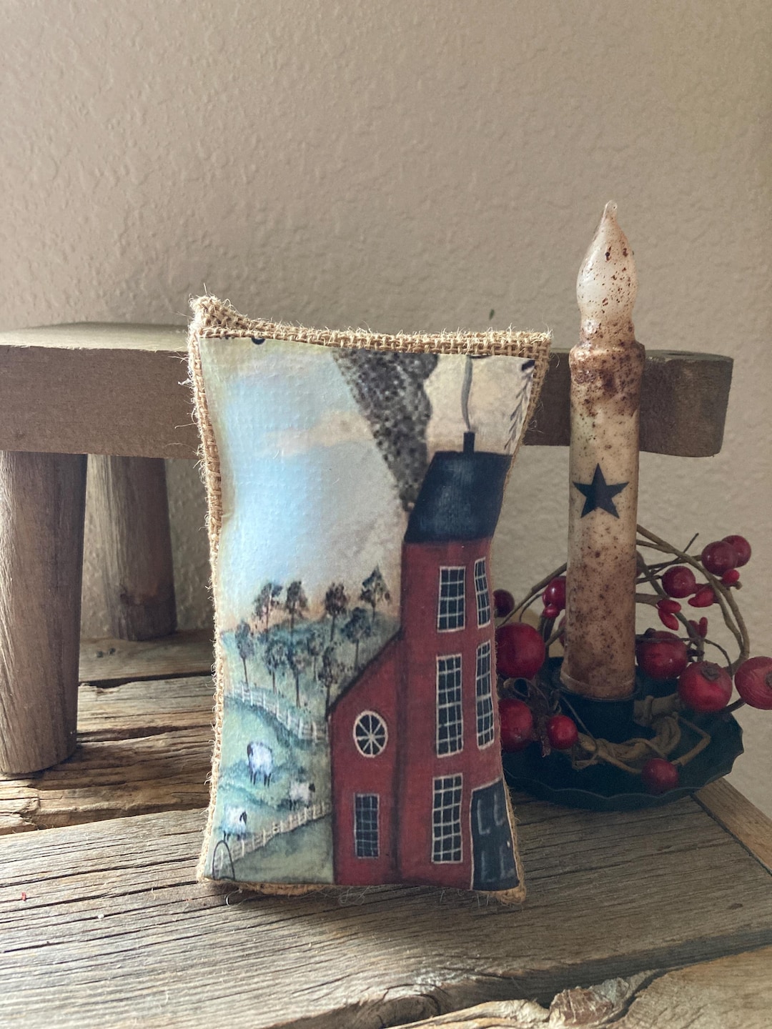Primitive Salt Box Home With Sheep Burlap Mini Pillow/ Mini Prim Pillow / Primitive Tiered Tray ...