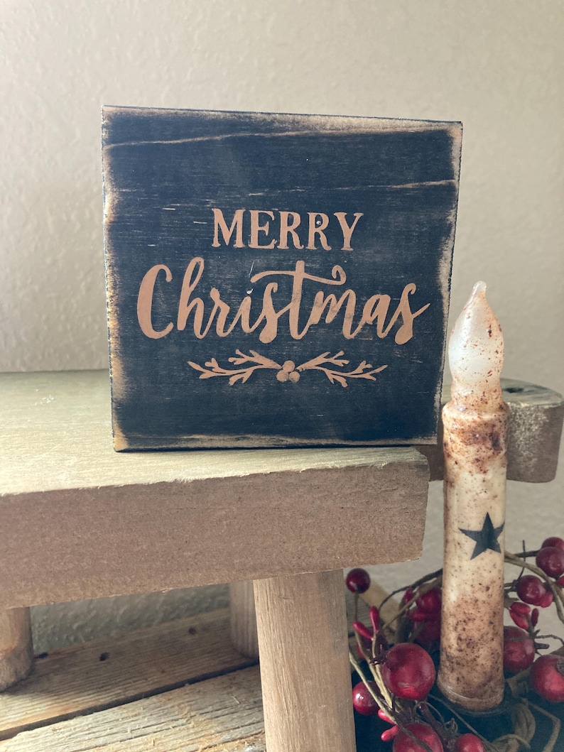 Primitive Merry Christmas Wood Block Sign Vintage Decor, Primitive ...