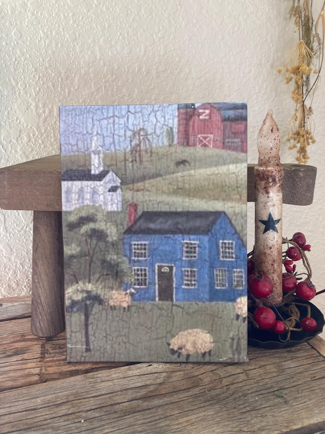 Primitive Saltbox Home With Sheep Print on Canvas / Primitives ...
