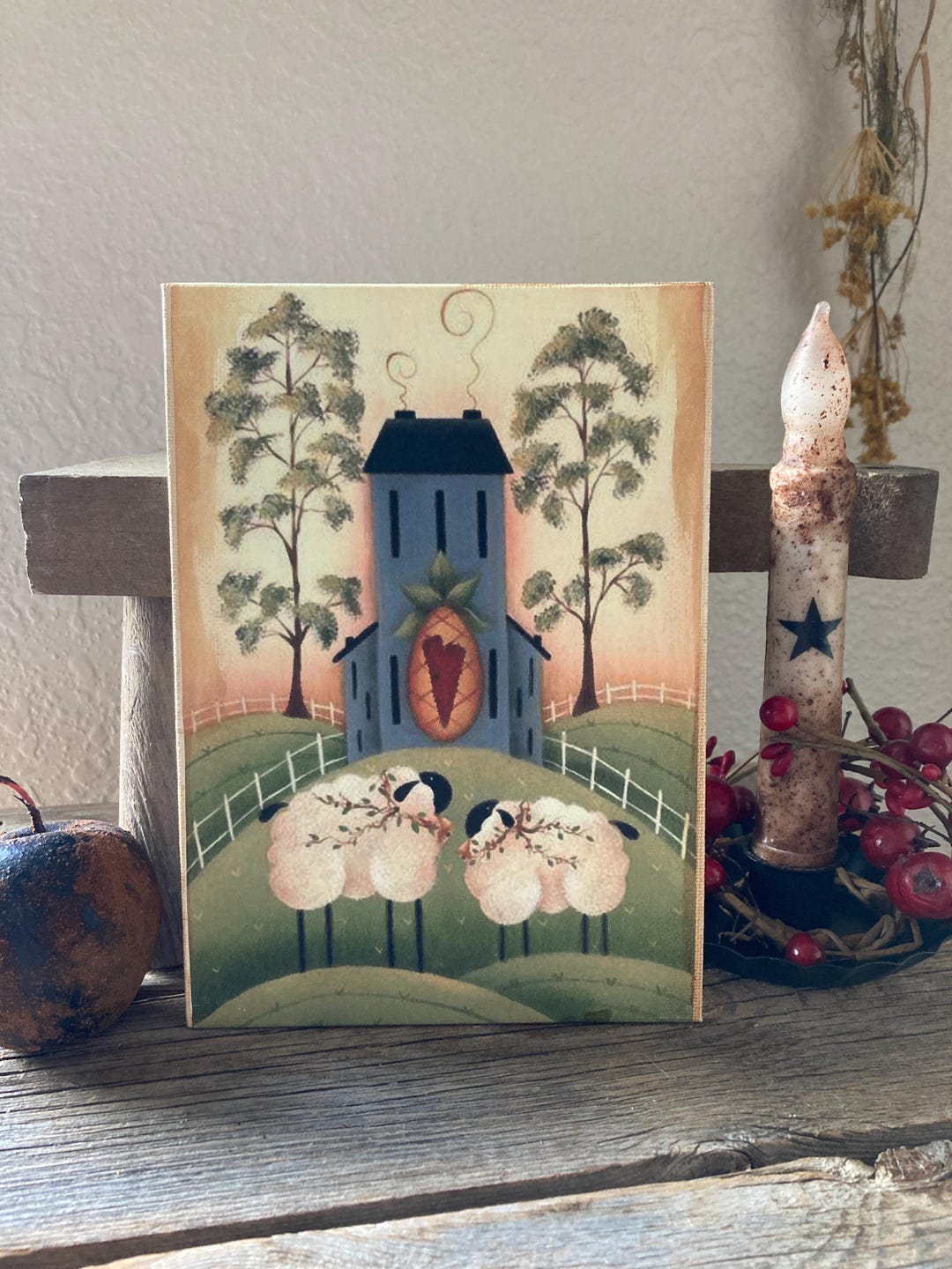 Primitive Saltbox Home With Sheep Print on Canvas / Primitives ...