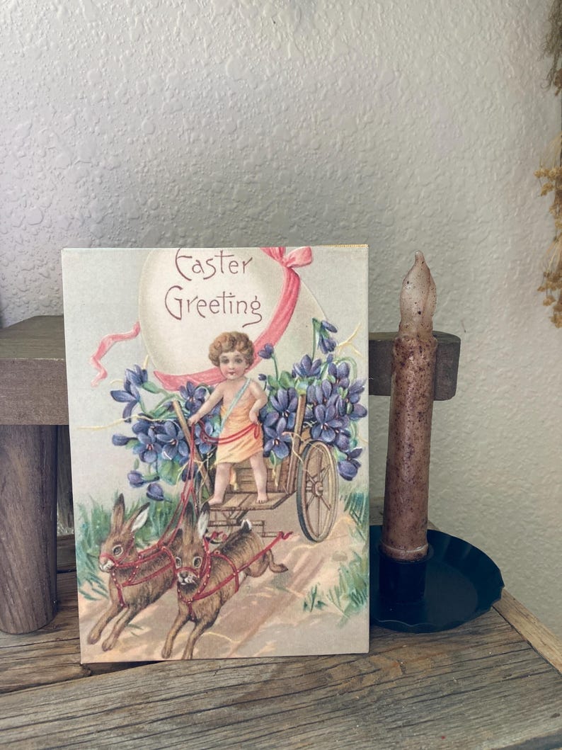 Primitive Easter Greeting Card Print on Canvas / Vintage Spring Decor ...