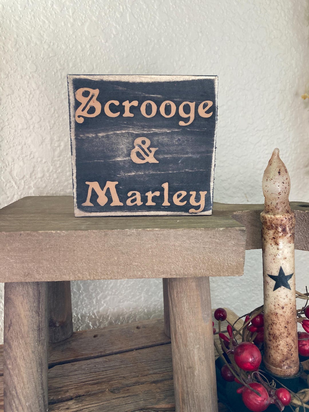 Primitive Scrooge and Marley Wood Block Sign Vintage Decor, Primitive ...