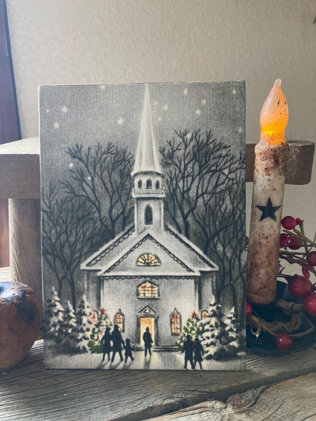 Primitive Christmas Snowy Church Scene/ Vintage Christmas / Primitive ...