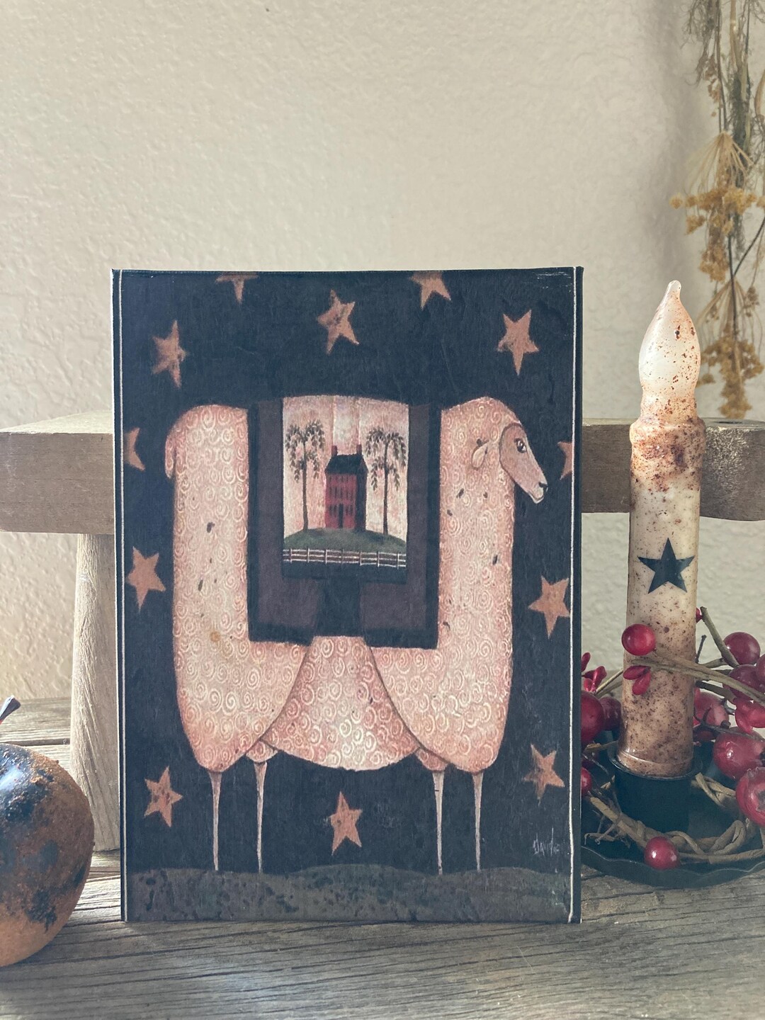 Primitive Sheep With Saltbox Home Print on Canvas / Primitives ...