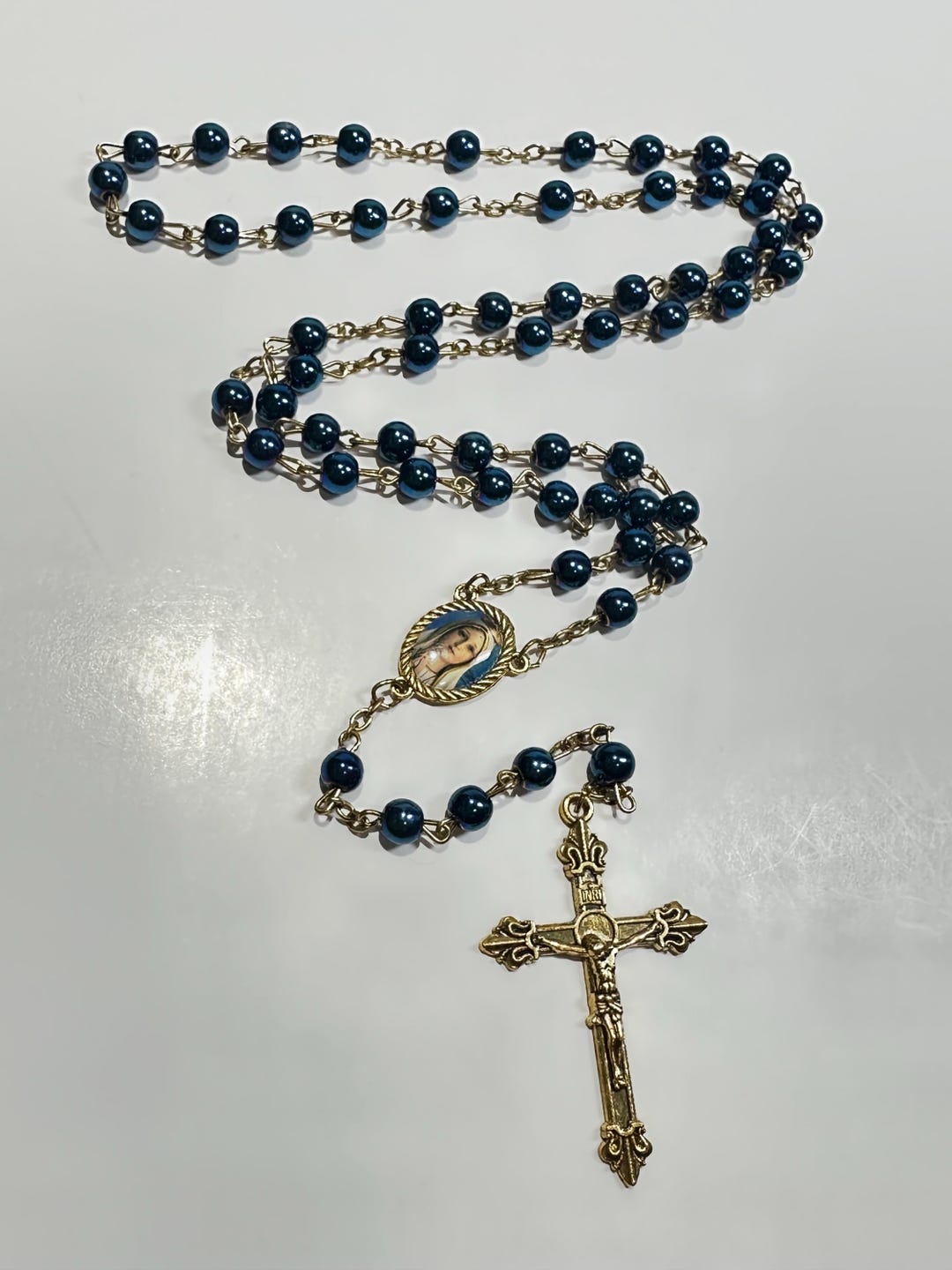 Vintage Catholic Rosary, Blue Metallic Beads, Gold Tone Cross. 19.5” - Etsy
