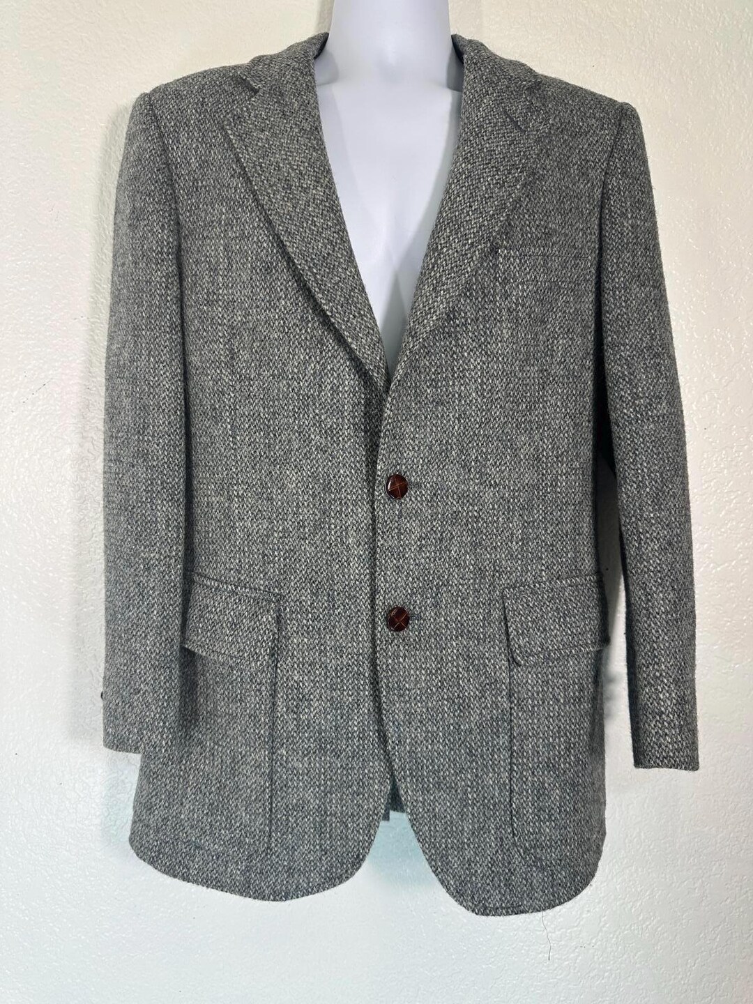 VTG Johnny Carson Harris Tweed Gray Herringbone Wool Sport Coat Blazer ...