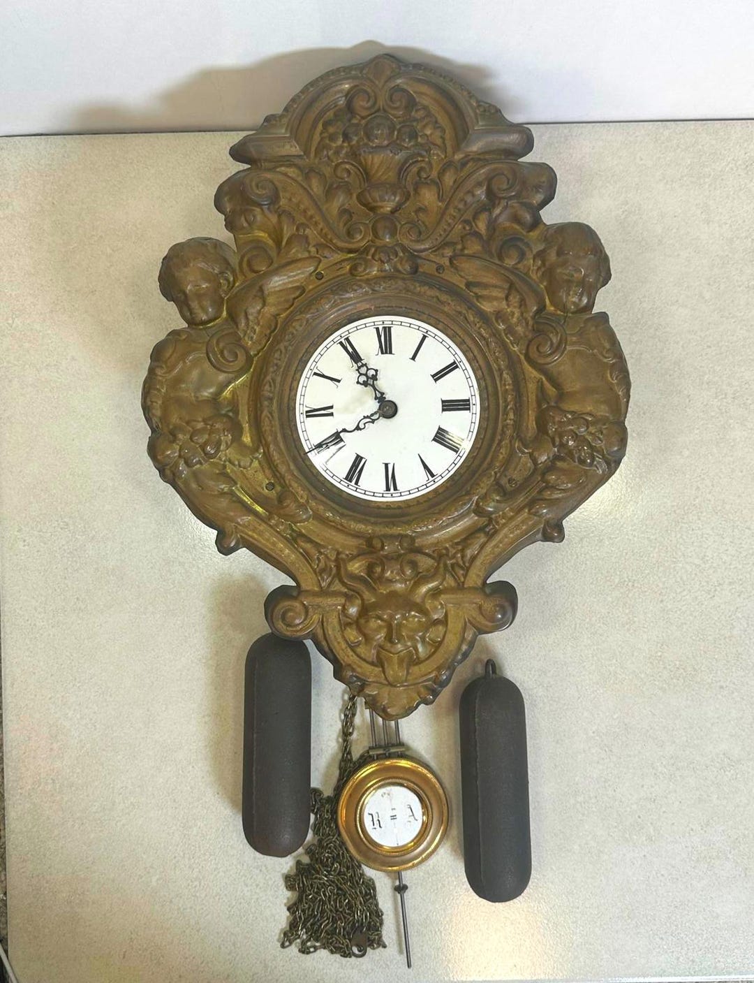 Vintage French Style Baroque Cherub Wall Clock Ornate Aged ...