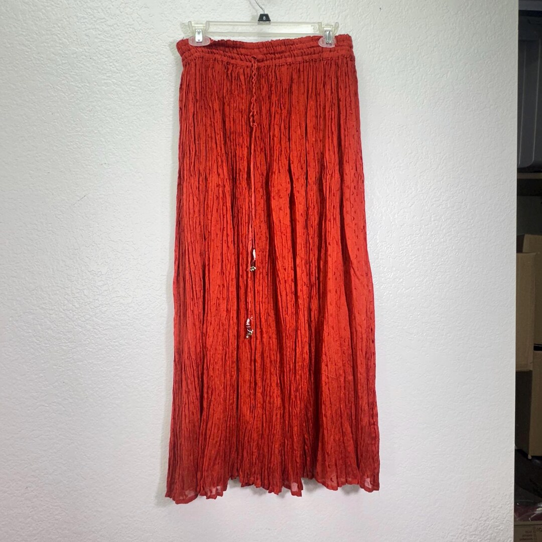 Drawstring Waist Broomstick Maxi Skirt Burnt Red-orange Gauze Boho ...