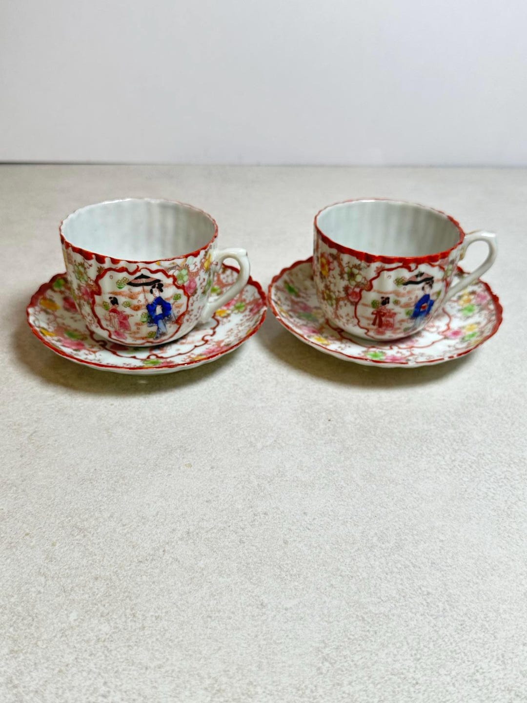 VTG Japanese Hand Painted Geisha Tea Cups & Saucers Pair Red Trim ...