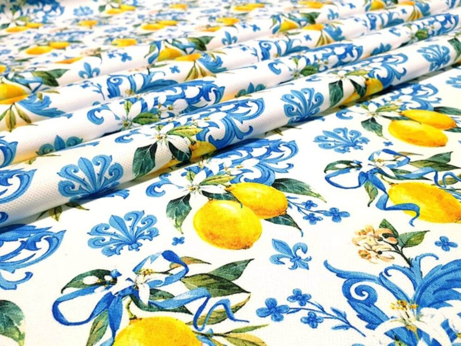 Lemon Upholstery Fabric, Citrus Kitchen Decor Fabric, Blue Yellow ...