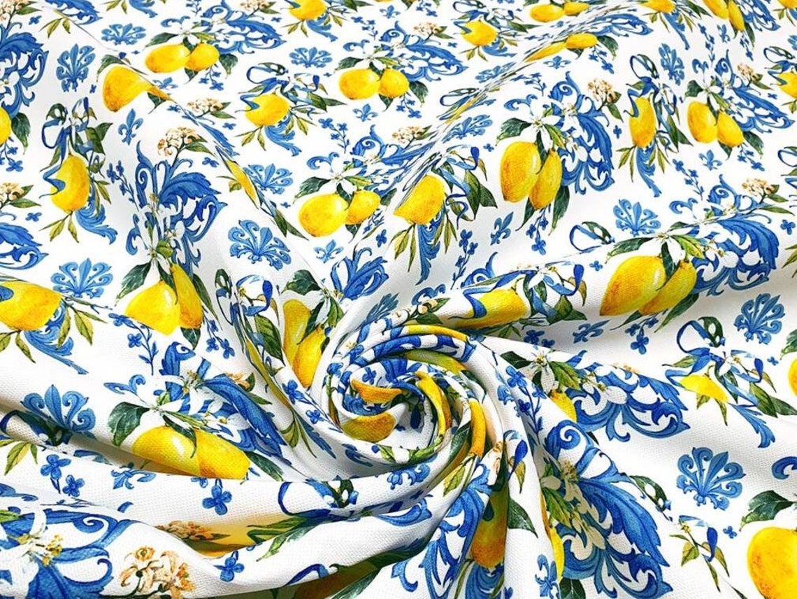 Lemon Upholstery Fabric, Citrus Kitchen Decor Fabric, Blue Yellow ...