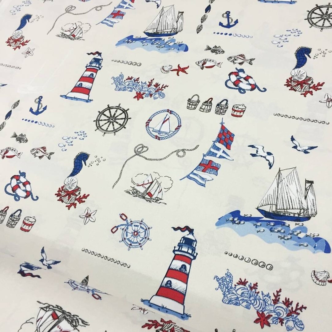 Marine Upholstery Fabric by Yard, Lighthouse Ocean Sea Seagulls ...