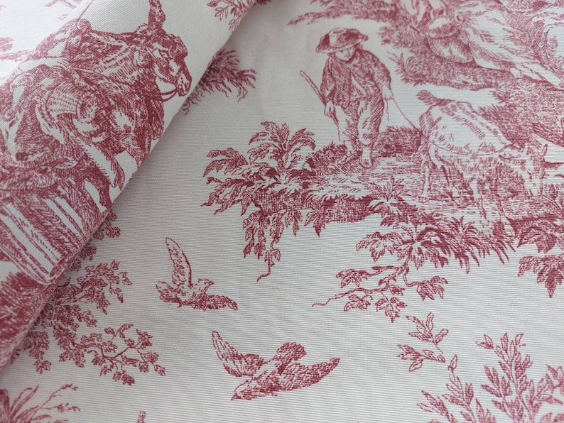 Antique Red Toile Fabric, French Farmhouse Cotton Canvas Upholstery, 70 ...