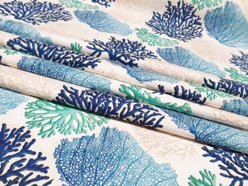 Coral Reef Fabric by the Yard, Blue Mint Nautical Upholstery, Coastal ...