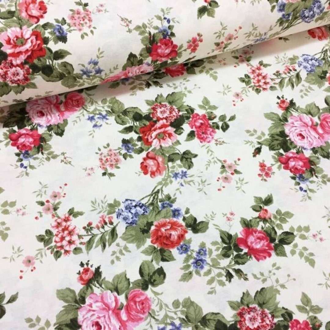 5 Colors Roses Upholstery Fabric by the Yard, Cotton Canvas Cottage ...